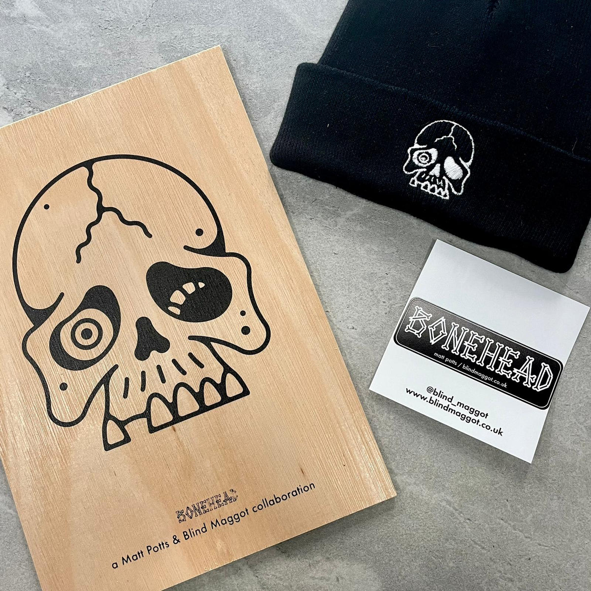 Bonehead artwork | screen printed artwork on plywood – Blind Maggot